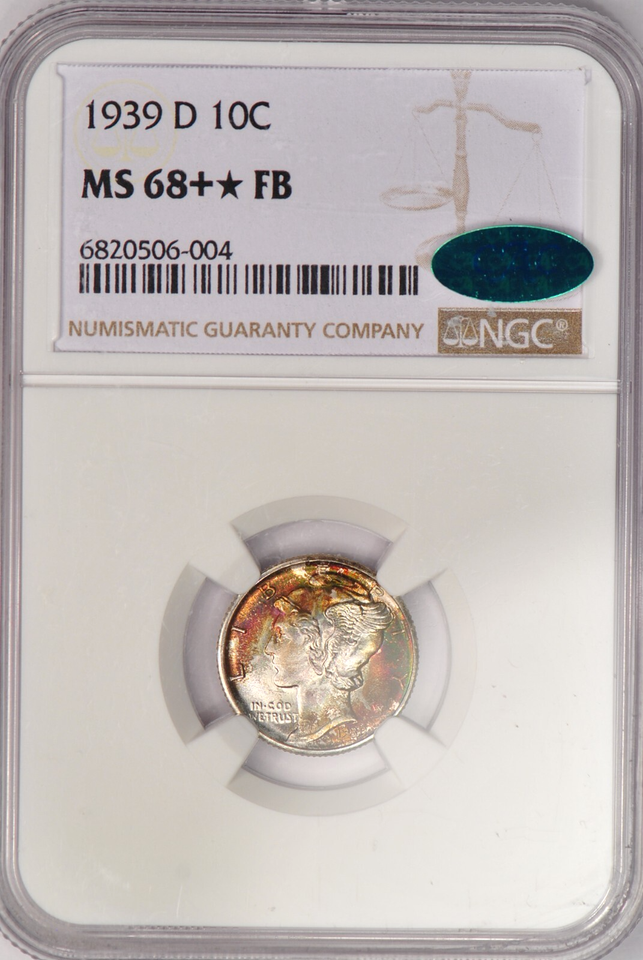 1939 D TONED Mercury Dime NGC MS 68+* FB CAC MS68 PLUS STAR FB Toning ...