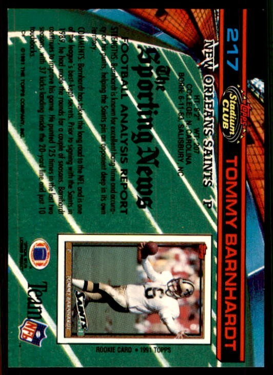 1991 TOPPS STADIUM CLUB FOOTBALL CARD NEW ORLEANS SAINTS #217 TOMMY ...