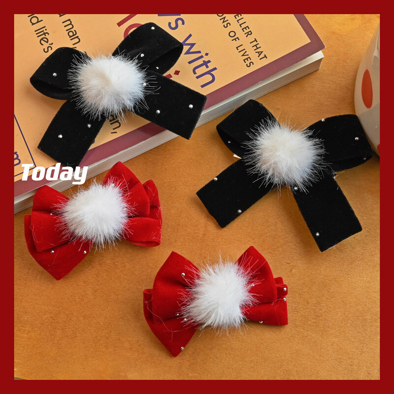 Velvet Bow Hairball Hair Clip Simple Double Ponytail Hairpin Side Clip ...
