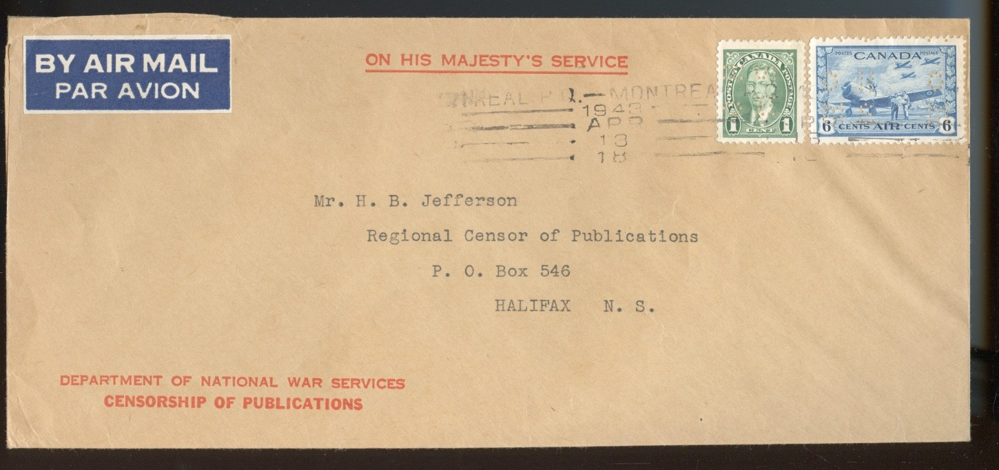 🍁 nice OHMS perfin Censorship Dept 1c & 6c air 1943 cover Canada | eBay