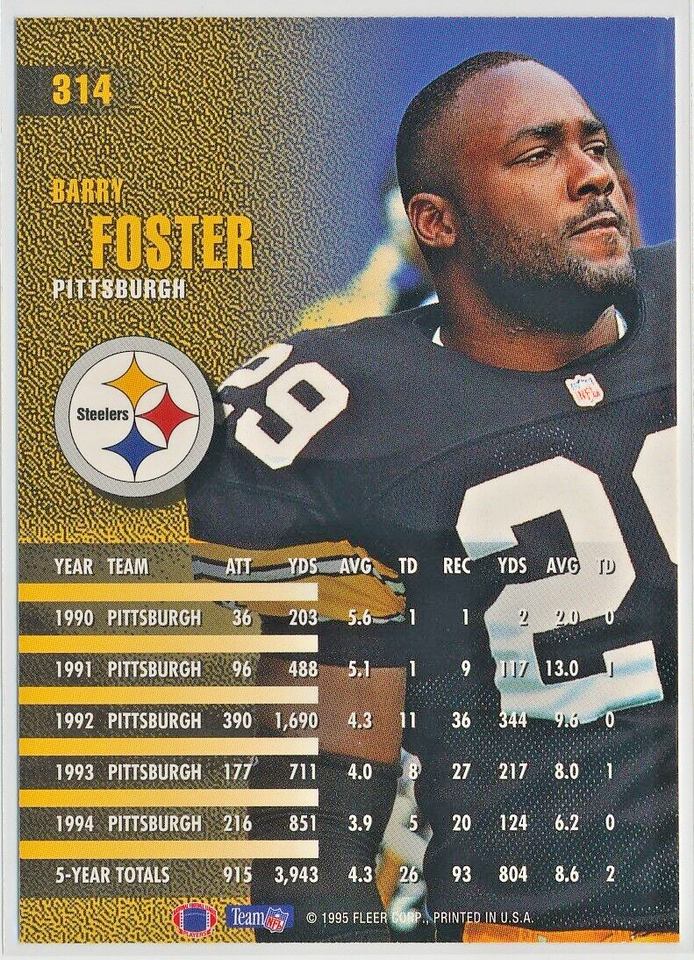 1995 Fleer Football - Barry Foster - Pittsburgh Steelers - Base - #314 ...