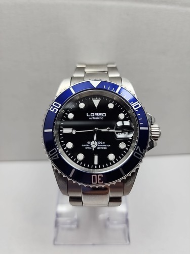 Mens Loreo Diver Automatic Date Watch 25 Jewel 40mm Blue Bezel Black ...