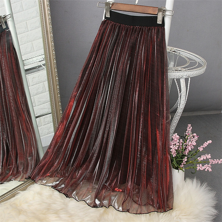 Women Lady Mesh Pleated Skirt Shiny Metallic Gradient Midi High Waist ...