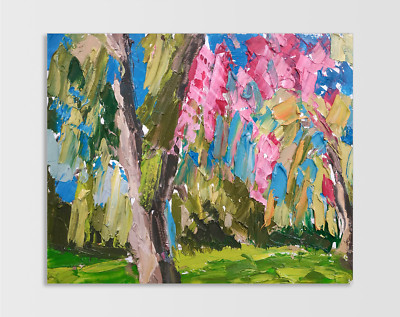 Original Landscape oil painting Abstract Park Spring Blossom Trees ...