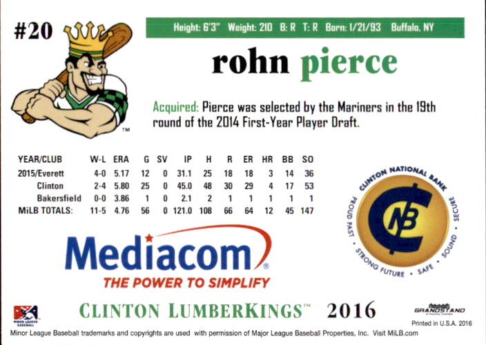 2016 Clinton LumberKings Update Grandstand #10 Rohn Pierce Buffalo New ...