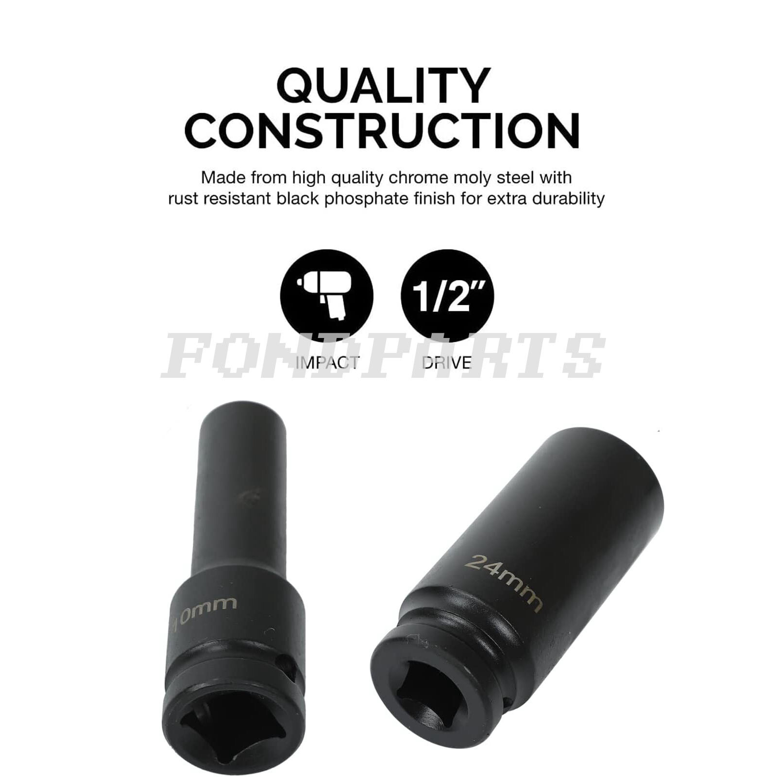 1/2 Inch Metric Drive Deep 6-Point Impact Socket Set 15 Pieces 10-24 mm ...