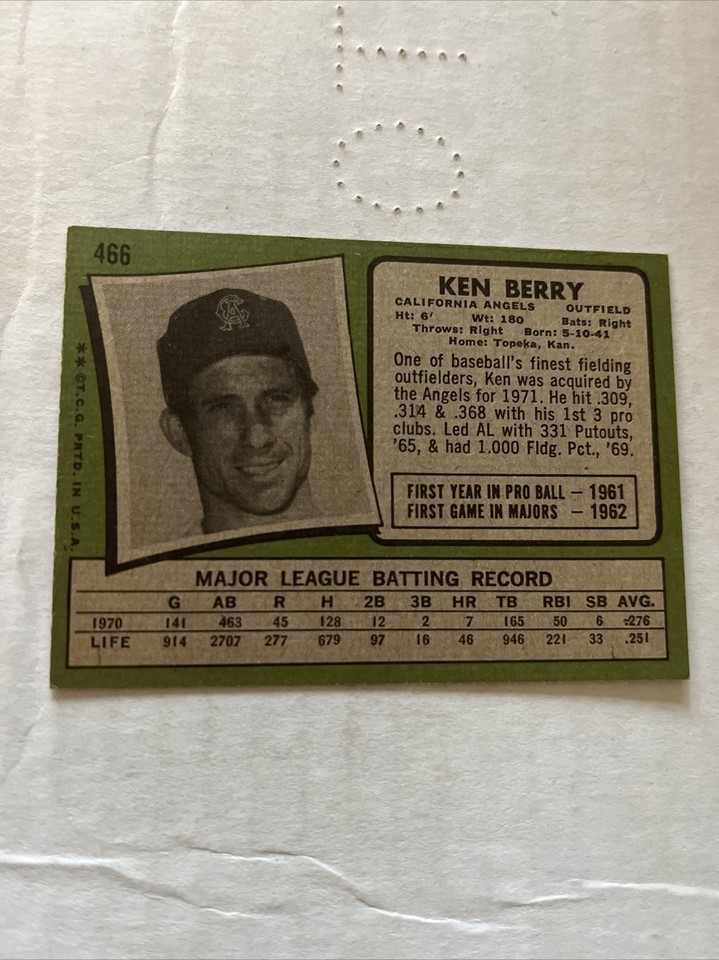 1971 Ken Berry California Angels Topps Baseball Card #466 | eBay