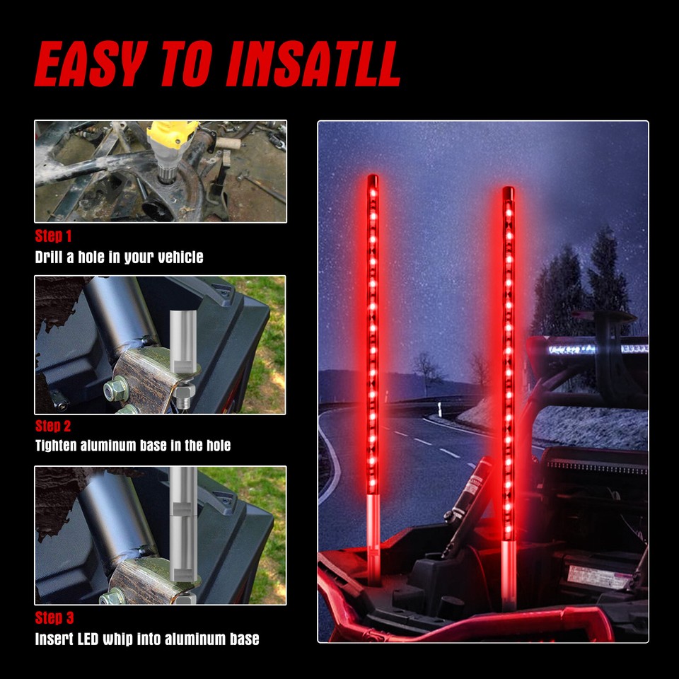 2x 3ft Red LED Whip Light w/ Flag Quick Release for Buggy UTV ATV ...