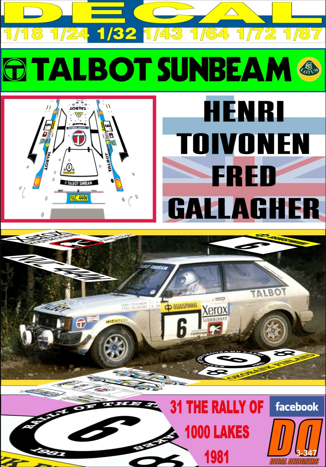 DECAL TALBOT SUNBEAM LOTUS HENRI TOIVONEN 1000 LAKES RALLY 1981 DnF (06 ...