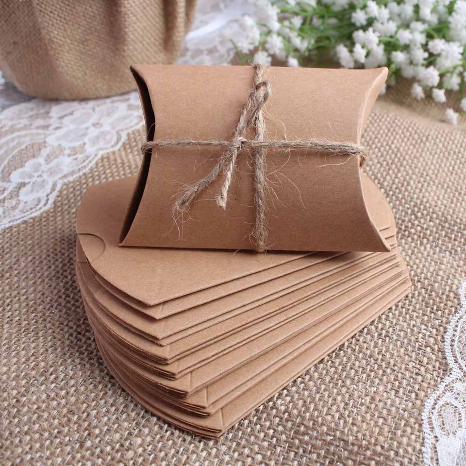 100x Wedding Candy Box Paper Kraft Gift Boxes Pillow Shape Bag Event ...