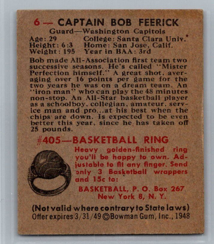 1948 Bowman Basketball #6 Captain Bob Feerick | eBay