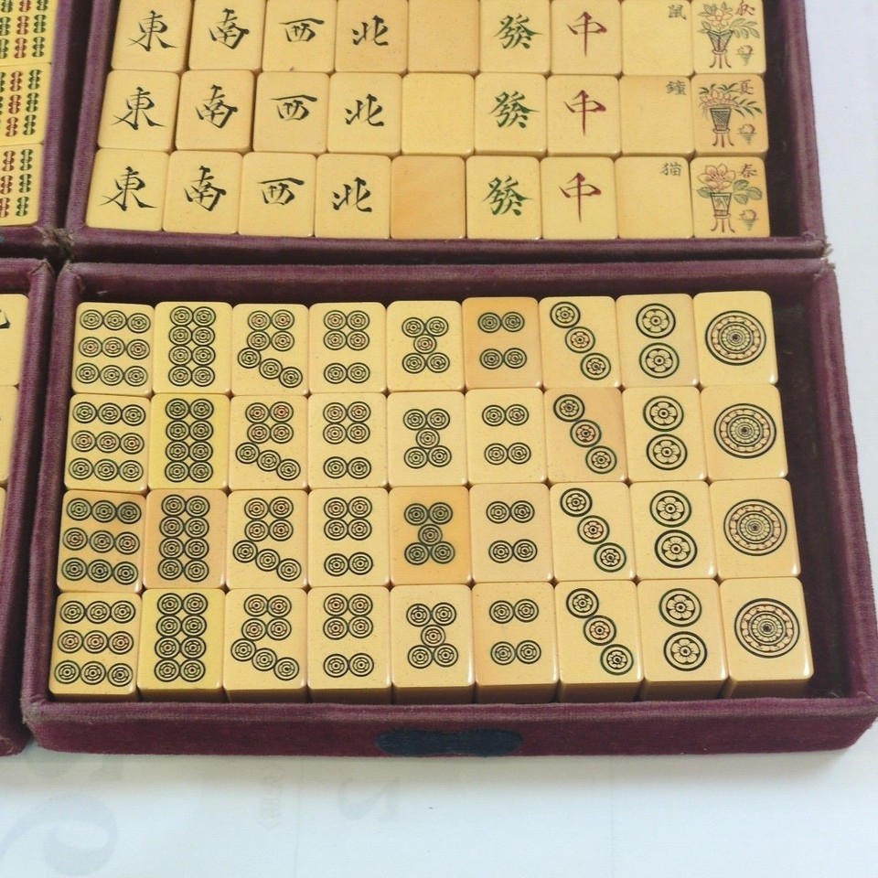 Vintage Mahjong Bone Tile Set with Bone Point Sticks Leather Case ...