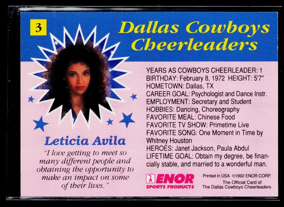 Leticia Avila 1992 Enor Dallas Cowboys Cheerleaders #3 Dallas Cowboys ...