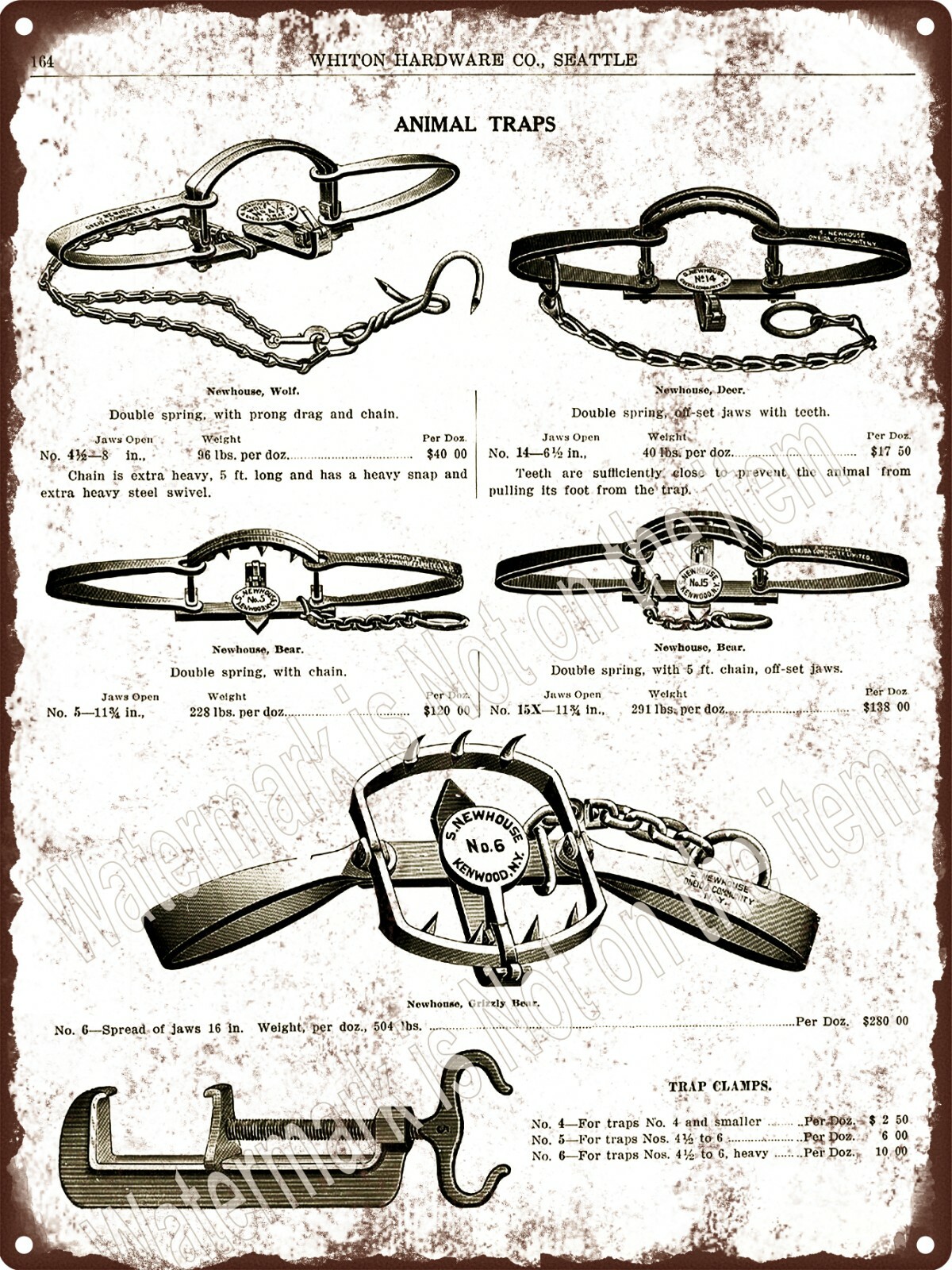 1905 Newhouse Leg Hold Trap Clamp Grizzly Bear Wolf Deer Metal Sign ...