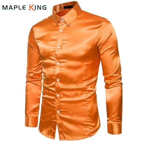 Mens Satin Shirt Soild Color Wedding Party Social Dress Shirts For Men ...
