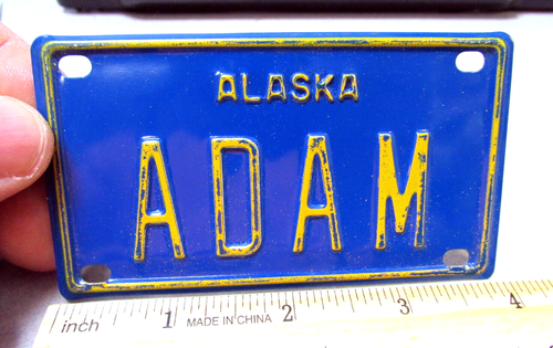 Novelty ALASKA Metal bicycle license plate, 1980s Blue & Gold embossed ...