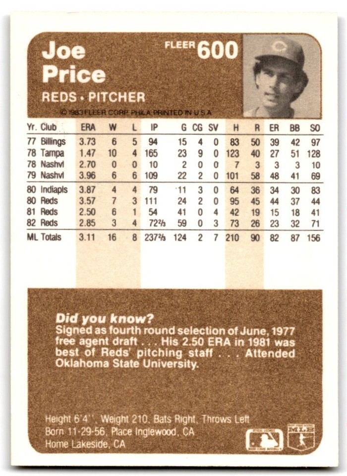 1983 Fleer Joe Price Cincinnati Reds #600 | eBay