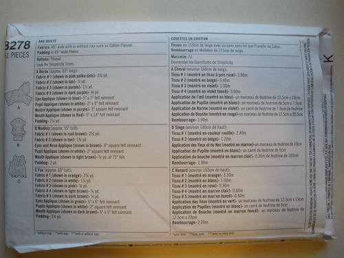 S8278 Sewing Pattern Simplicity 8278 Rag Quilt Horse Monkey Fox ...