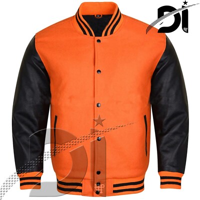 Varsity Orange Letterman Baseball Wool & Black Real Leather Sleeves ...
