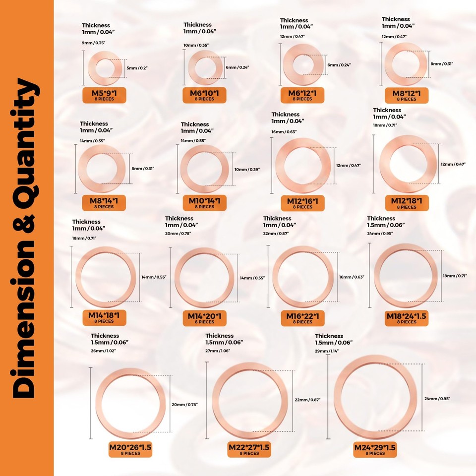 Copper Washers Assortment Kit Crush Flat Washers for Oil Plugs Drain ...