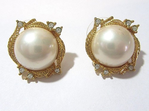 FAUX PEARL CRYSTAL ACCENT PIERCED EARRINGS GOLD TONE SOPHISTICATED ...