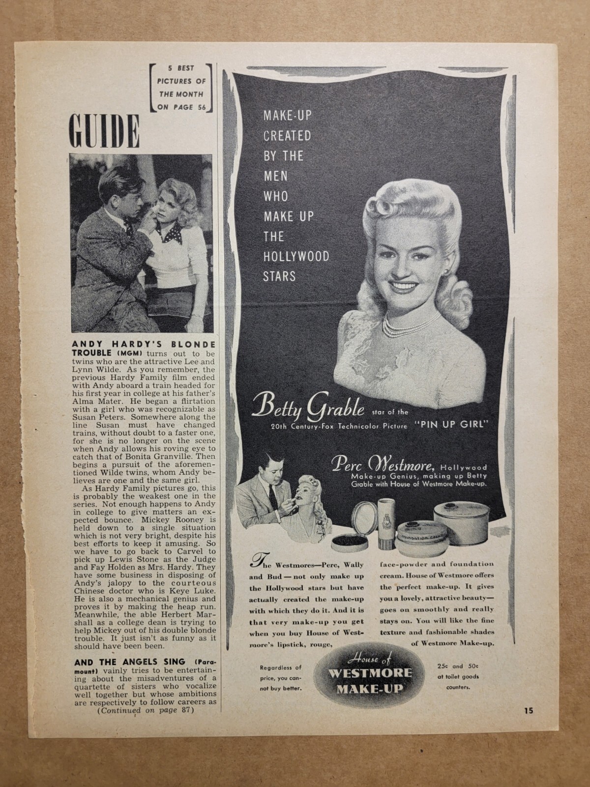 Vintage 1942 1943 Betty Grable Westmore Makeup Print Ad WW2 WWII ERA ...