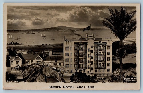 New Zealand Postcard Cargen Hotel Steamer Scene Auckland c1940's RPPC ...
