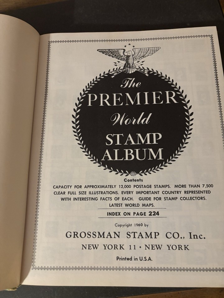 1960 Premier World Stamp Album Grossman w several dozen very old stamps ...