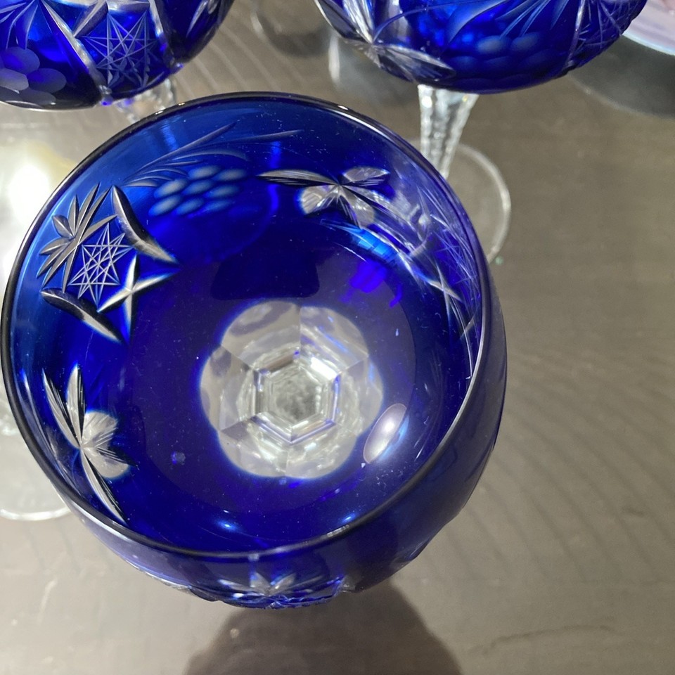 4 Vtg Czech Bohemian Crystal Cobalt Blue Cut To Clear Stem Stemware ...