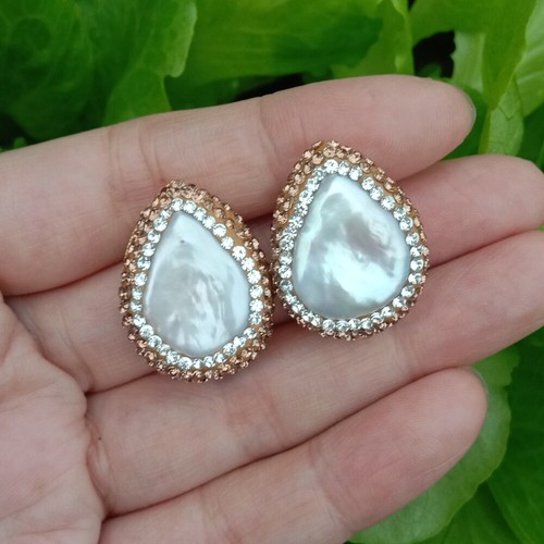 Real White Pearl Teardrop Shape Crystal Pave Stud Earrings | eBay