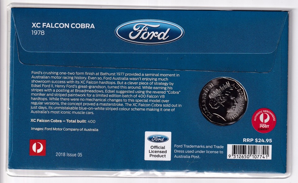 AUSTRALIAN PNC COVER: 2017 50 CENT 1978 XC FALCON COBRA COLOURED COIN ...