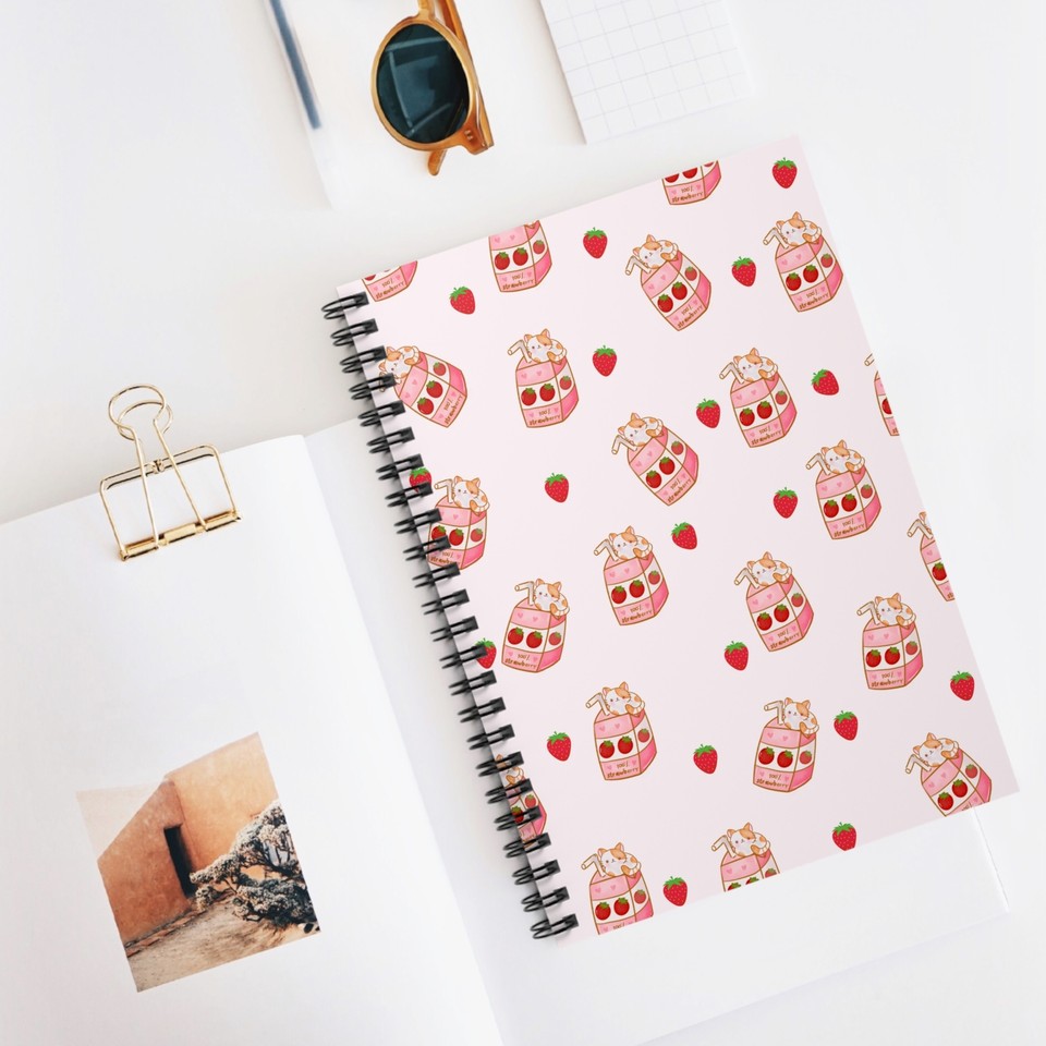 Strawberry Milk Spiral Notebook Journal diary | Kawaii aesthetic (light ...