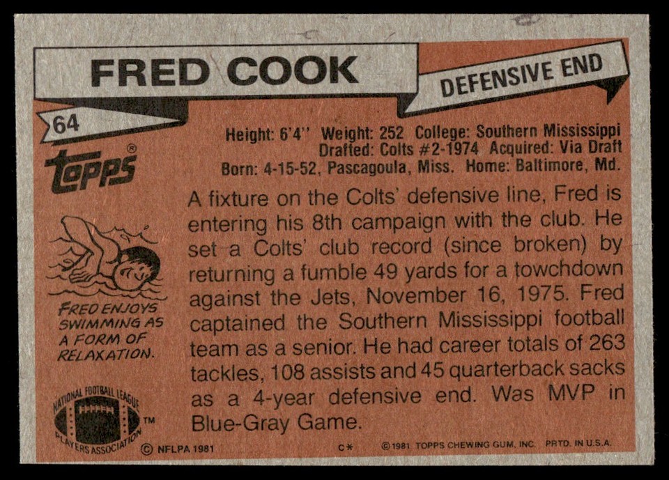 1981 Topps Fred Cook Baltimore Colts #64 | eBay