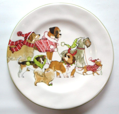 Pier 1 Park Avenue Puppies CHRISTMAS 8.5" Hand Painted Ironstone Plate ...