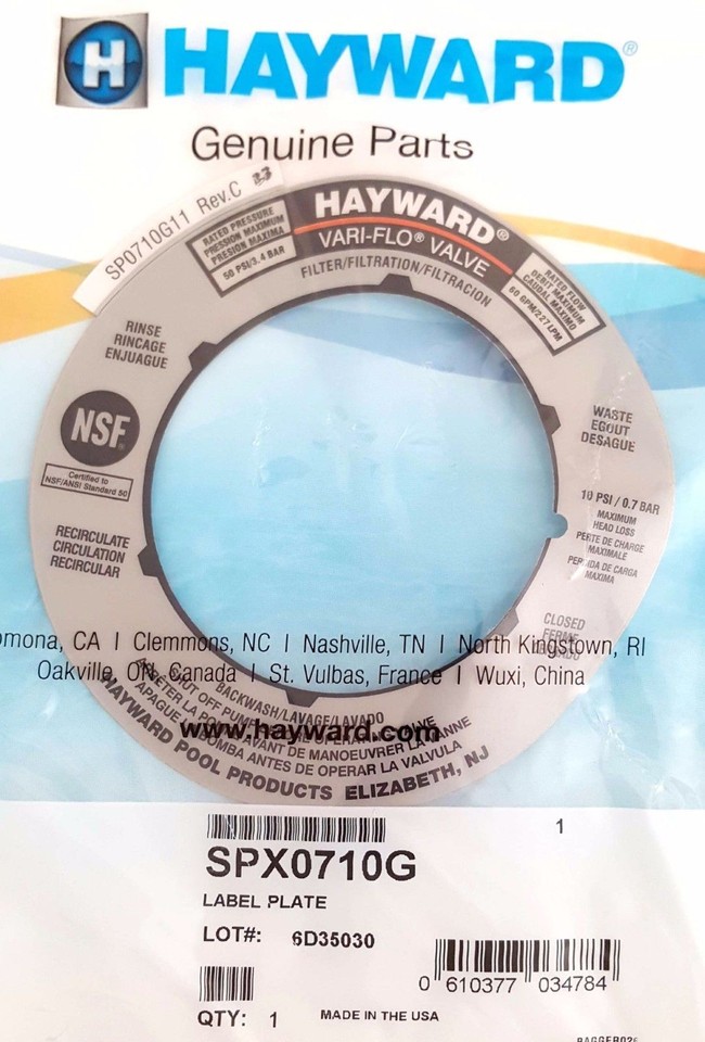 Hayward Sand Filter Valve Label Plate Sticker part # SPX0710G ...