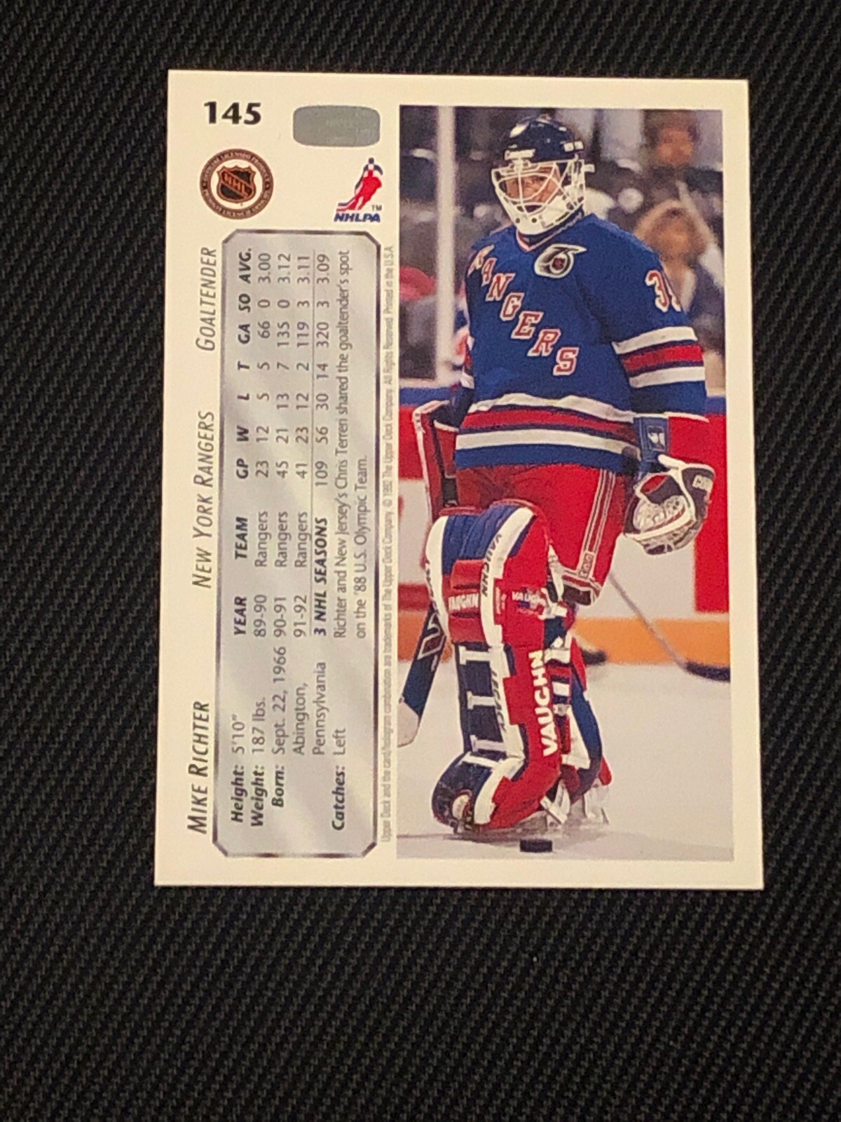 MIKE RICHTER 1992-93 UPPER DECK SIGNED AUTOGRAPHED CARD #145 NEW YORK ...