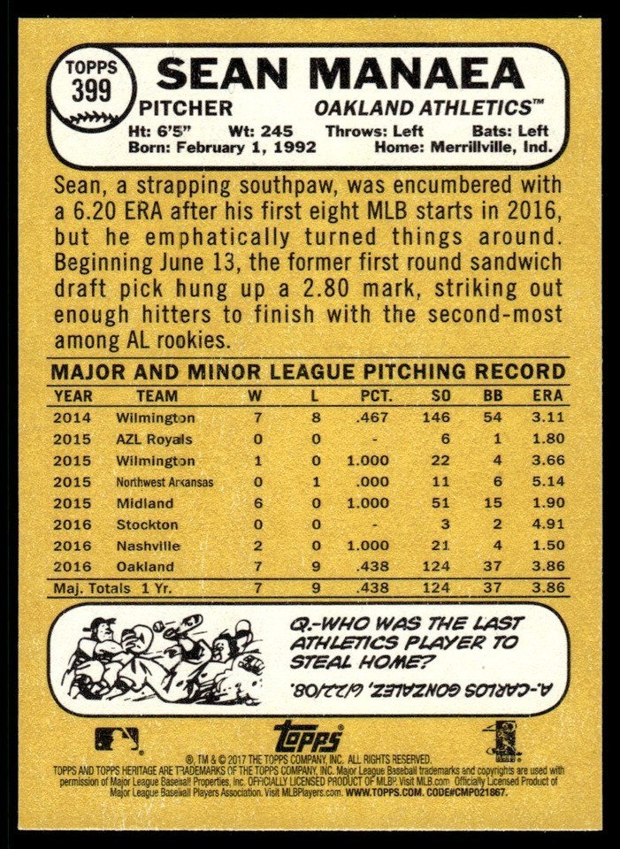 Sean Manaea 2017 Topps Heritage #399 Oakland Athletics 25604 Baseball ...