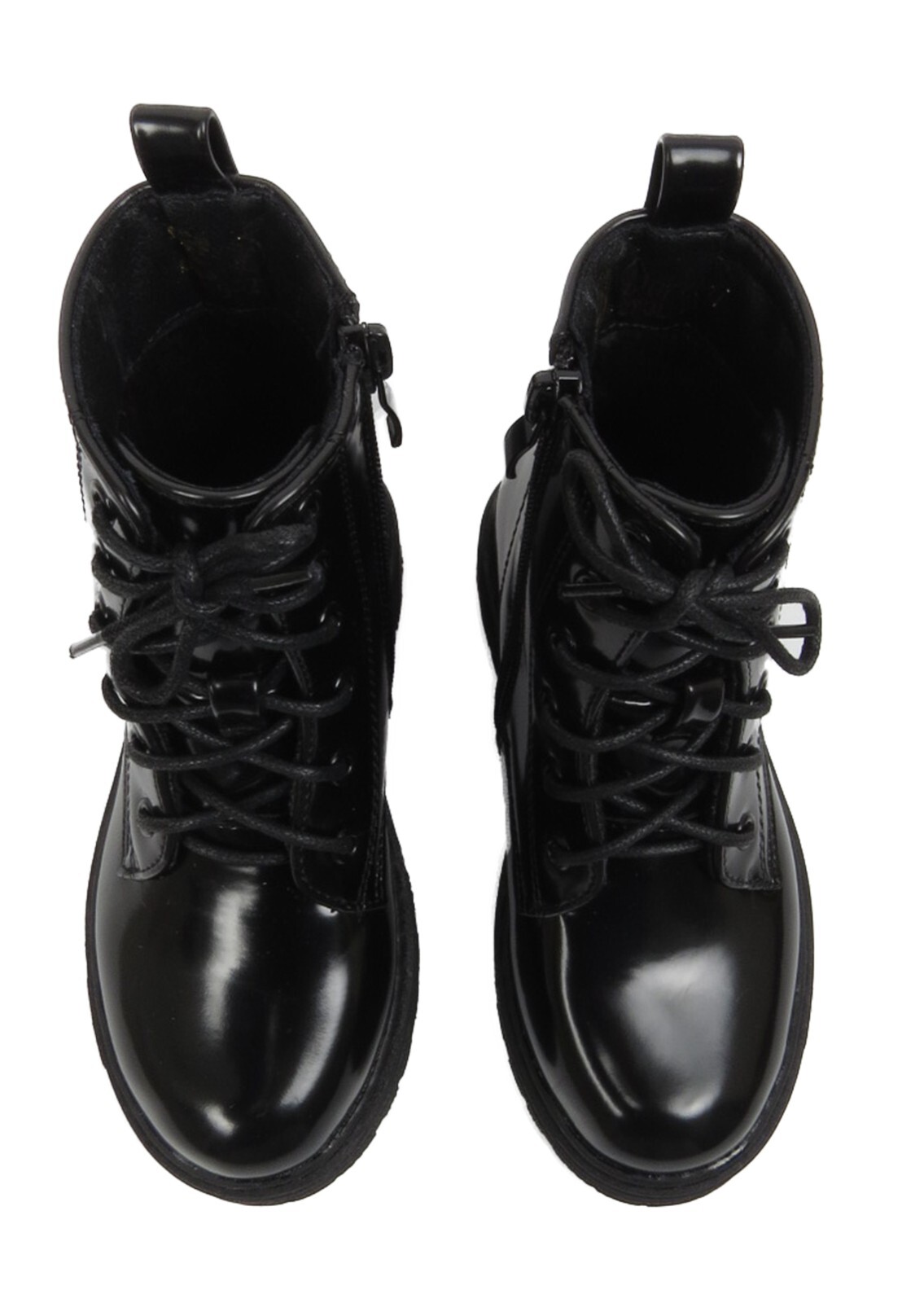 Girls Ankle Boots Chunky Platform Kid Lace Up Zip School Black Shiny ...