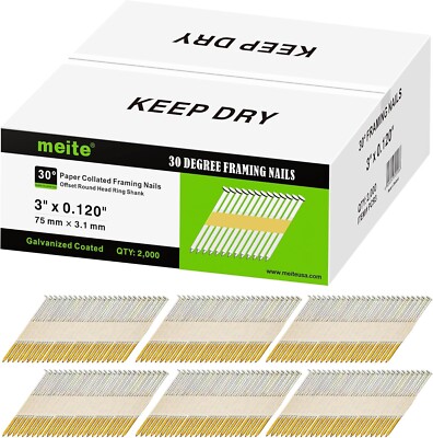 2,000pcs meite 30 Degree 3"Framing Nails Offset Round Head Ring Shank ...