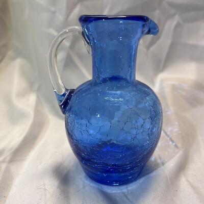 Vintage Rainbow Blue Crackle Small Glass Milk Cream Pitcher Hand Blown ...