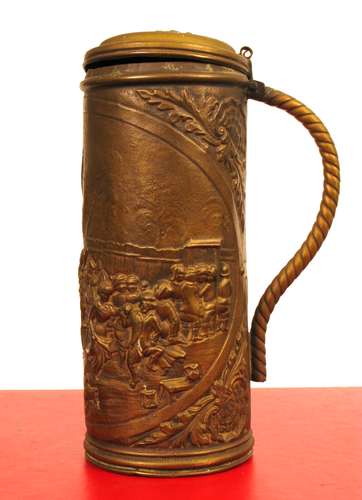 ANTIQUE COPPER HIGH RELIEF MUG ALE BREW BEER STEIN LIDDED TANKARD LEAD ...