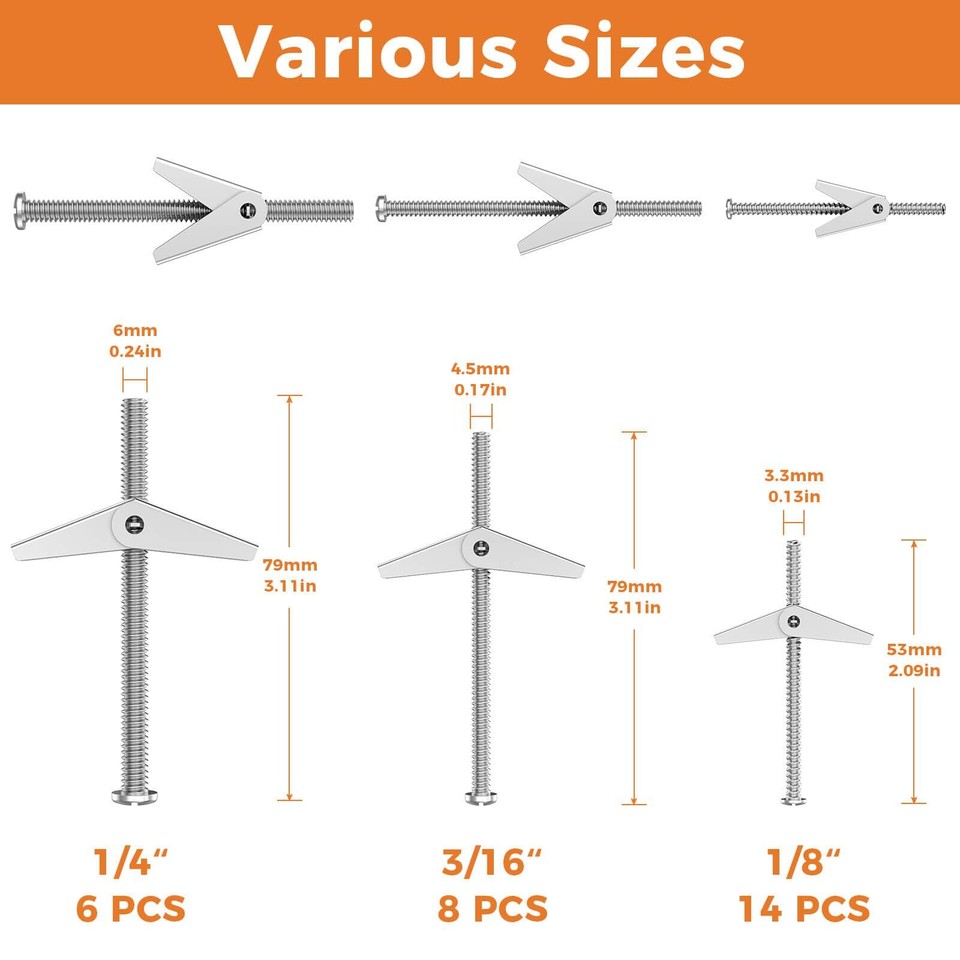 Toggle Bolts, 34 Pcs Wall Anchor, 1/4" 3/16" 1/8" Butterfly Drywall ...
