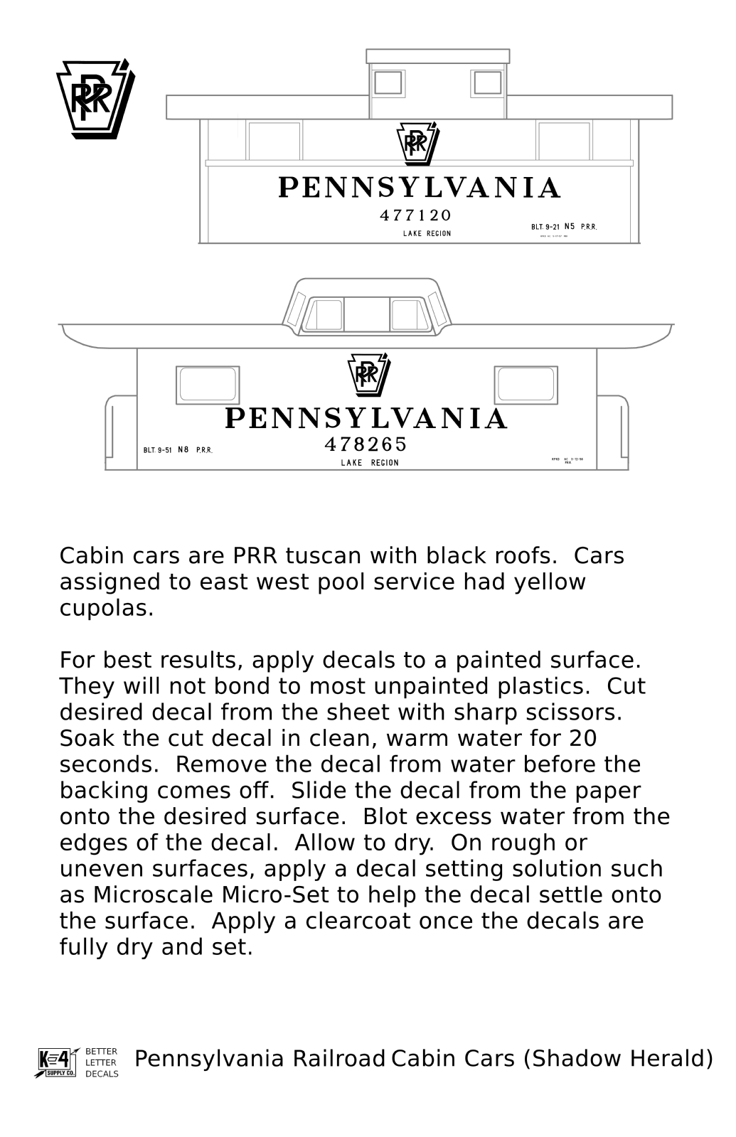 K4 O Scale Decals Pennsylvania Railroad PRR Cabin Car Caboose Shadow ...
