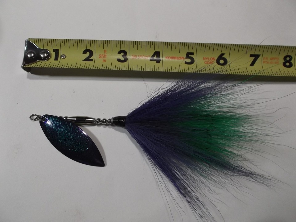 MUSKY BUCKTAIL MICRO SPINNER BAIT JUNEBUG BLADE PURPLE/GREEN TAIL PIKE ...