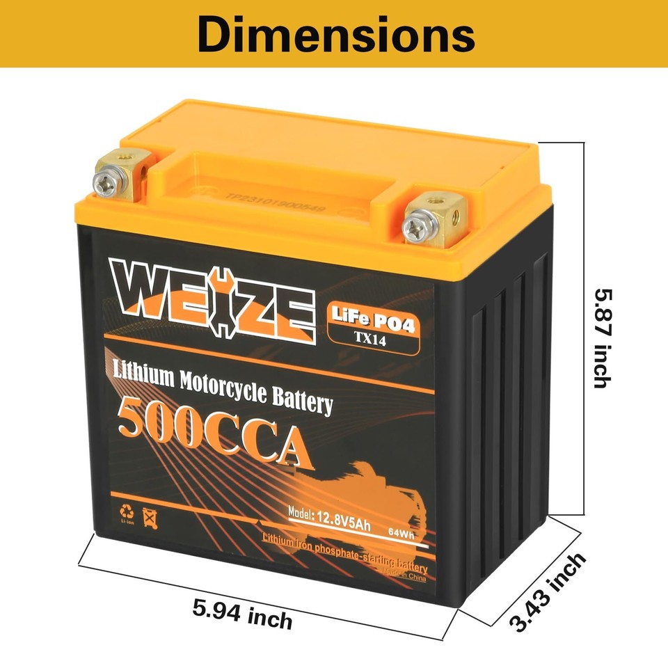 Weize Lithium YTX14-BS Group 14 500A LiFePO4 Motorcycle Battery 12V 5AH ...