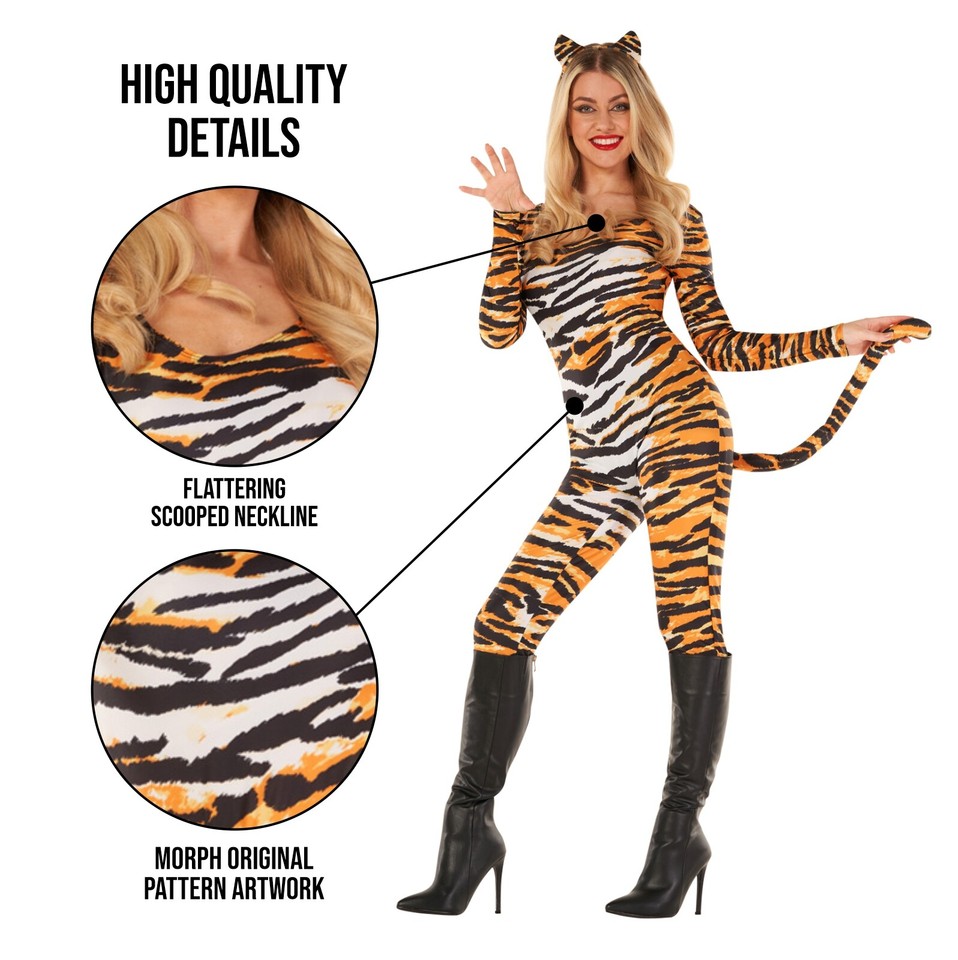 Women`s Tiger Jumpsuit Costume Ladies Animal Print Catsuit Halloween ...