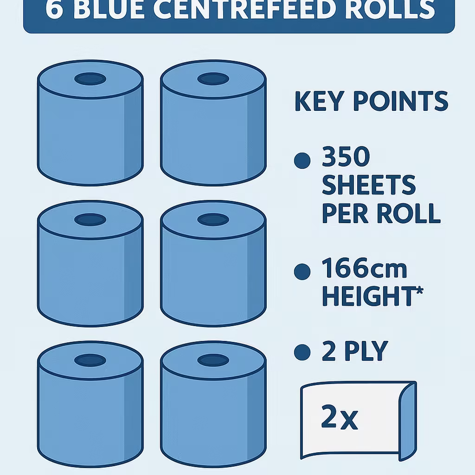 6x Blue Paper Rolls 100m - 2 Ply Embossed Centre Feed - Hand Towel ...