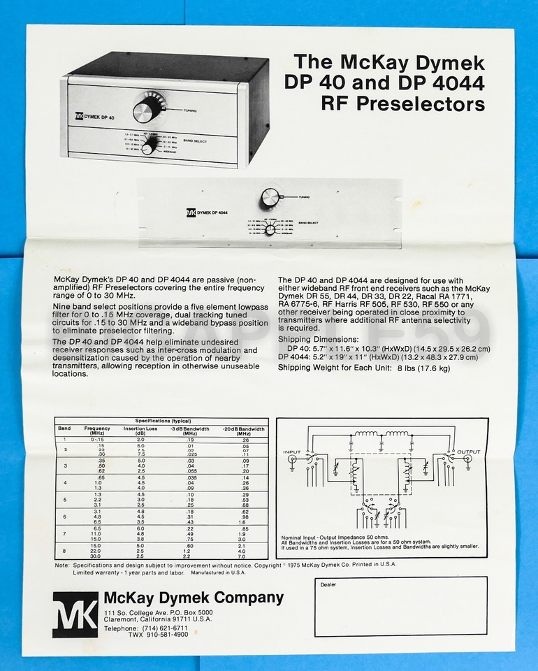 Brochure /Flyer For McKay Dymek DA100D Shortwave & DP40 / DP4044 RF ...