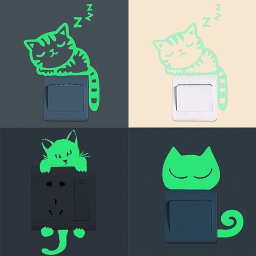 Cat Switch Wall Stickers Glow In The Dark Removable Art Home Room DIY ...