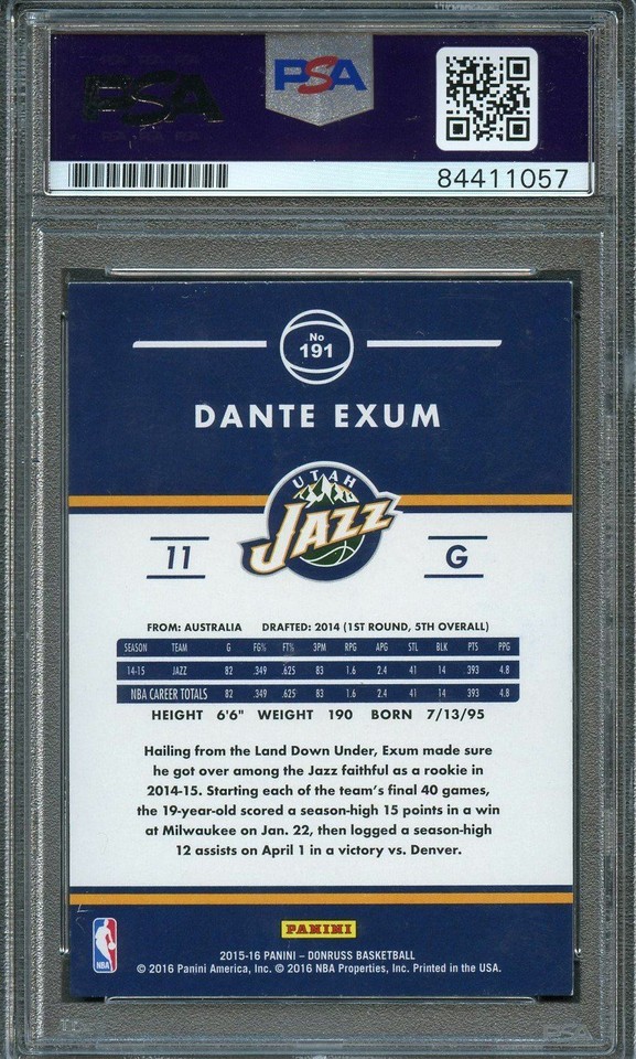 2015-16 Donruss Basketball #191 Dante Exum Signed Card AUTO 10 PSA ...